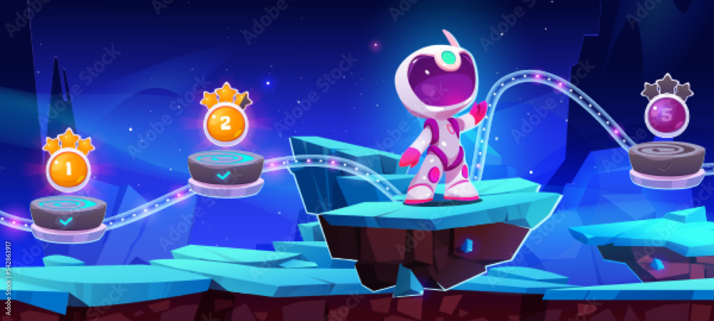 Game level map with alien planet landscape with platforms with spaceman ...