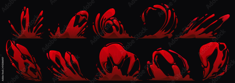 Blood splash, vfx game video effect. Cartoon 2d red liquid drops, flow ...