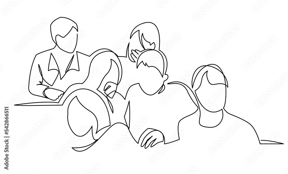 Group of people working continuous one line vector drawing. Students ...