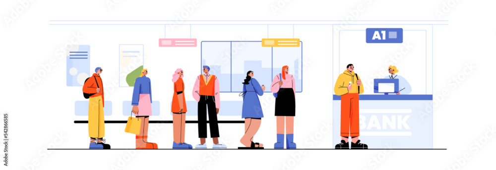 Bank queue, people stand in row front of desk with worker. Men and ...