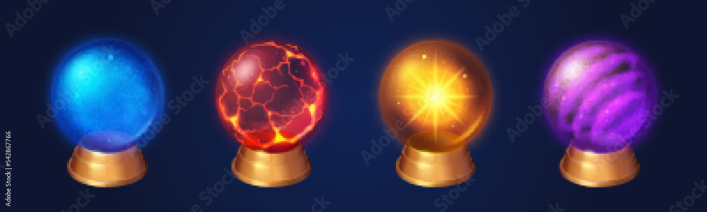 Crystal globes, witch or sorcerer magic spheres. Transparent glass domes on gold stands with ...