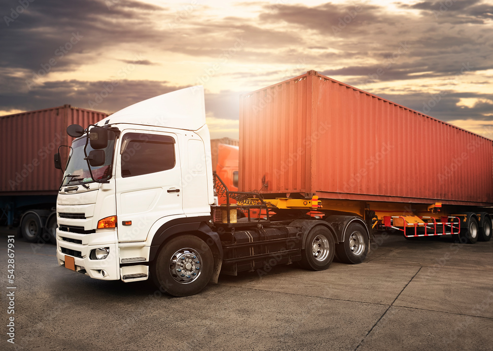 Semi TrailerTrucks Parked with The Sunset. Shipping Container Diesel ...