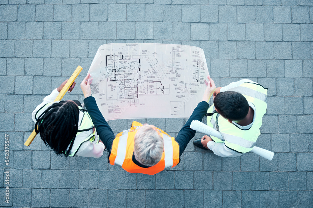 team, architect and blueprint paper while planning building development ...