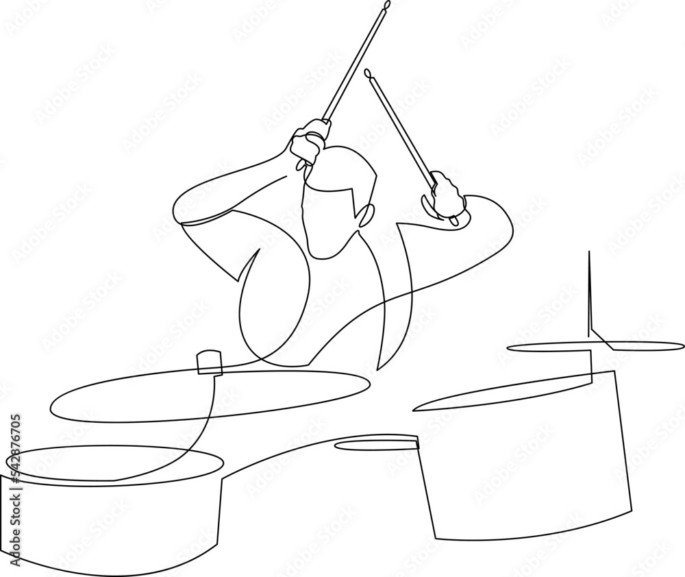 Continuous line drawing of a man playing drum raising drumsticks up. A ...