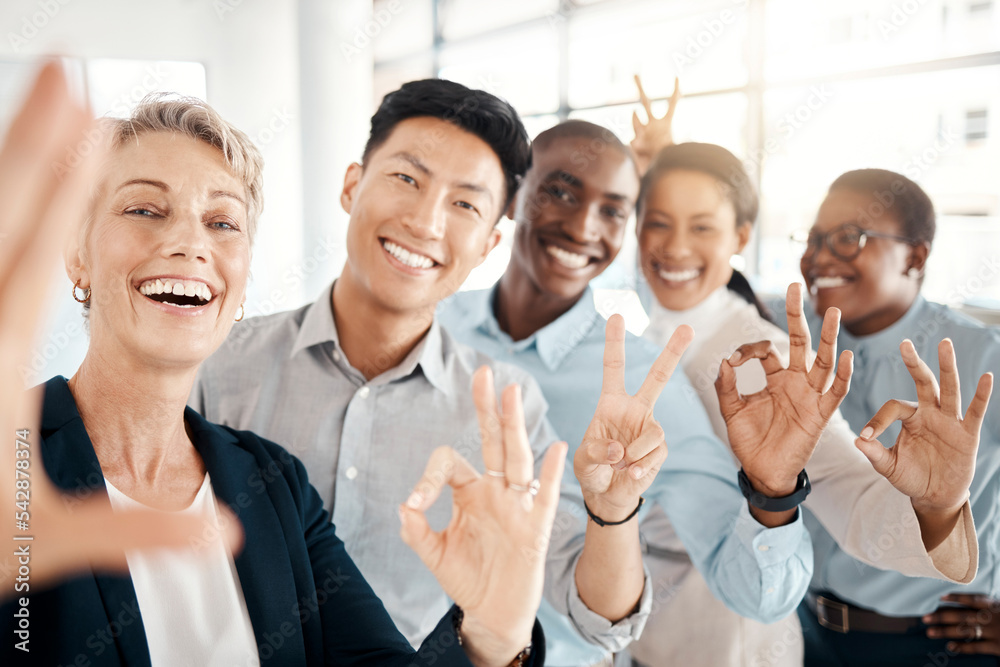 Hand sign, selfie and happy employee group showing diversity, company ...