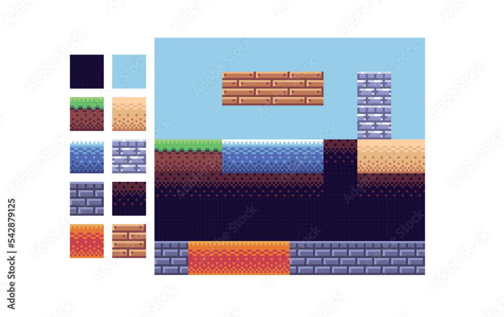 Square tile pixel art set. Different ground texture grid collection. 8 ...