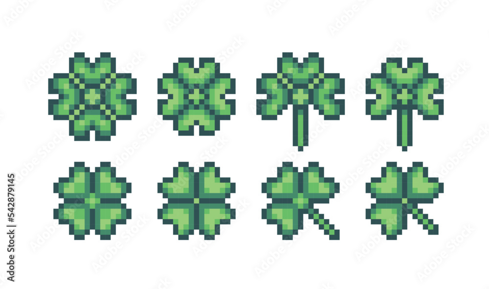 Clover leaf pixel art set. Fortune symbol shamrock collection. Trefoil ...