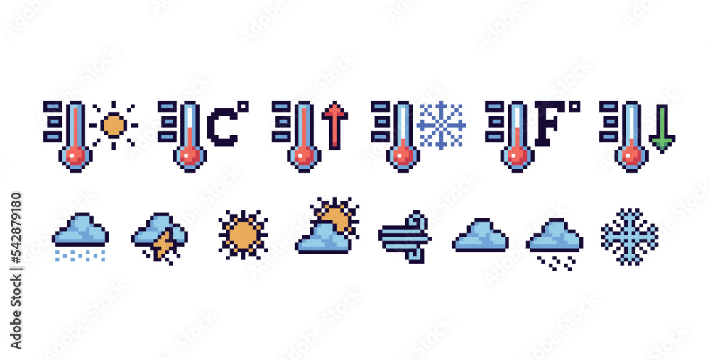 Weather icons pixel art set. Weather conditions, forecast collection. 8 ...