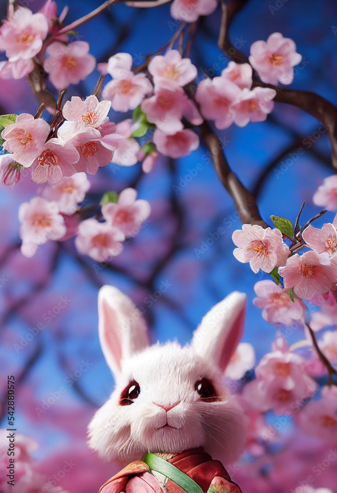 Cute bunny in a Japanese garden illustration. Beautiful rabbit in 3D ...