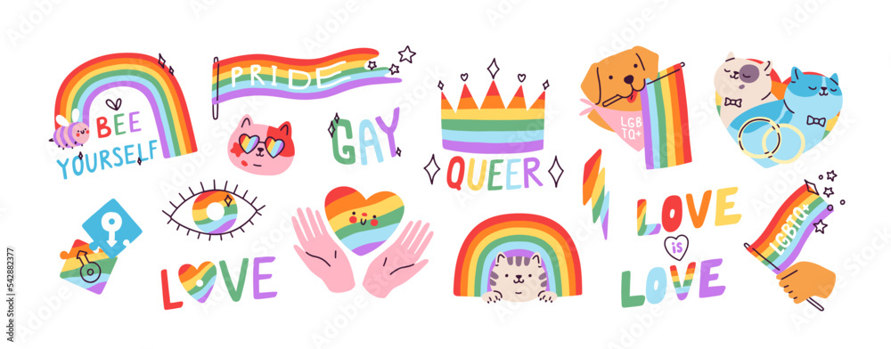LGBT stickers set. Rainbow flags, heart, crown, cute dog and cat with ...