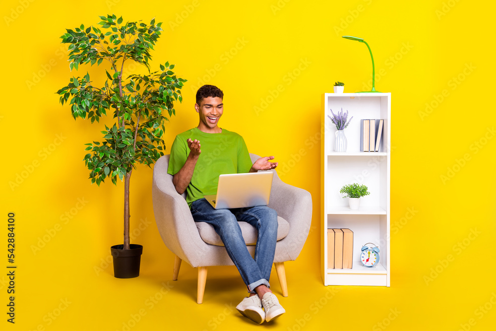 Full lenght photo of young attractive handsome programmer guy laptop ...