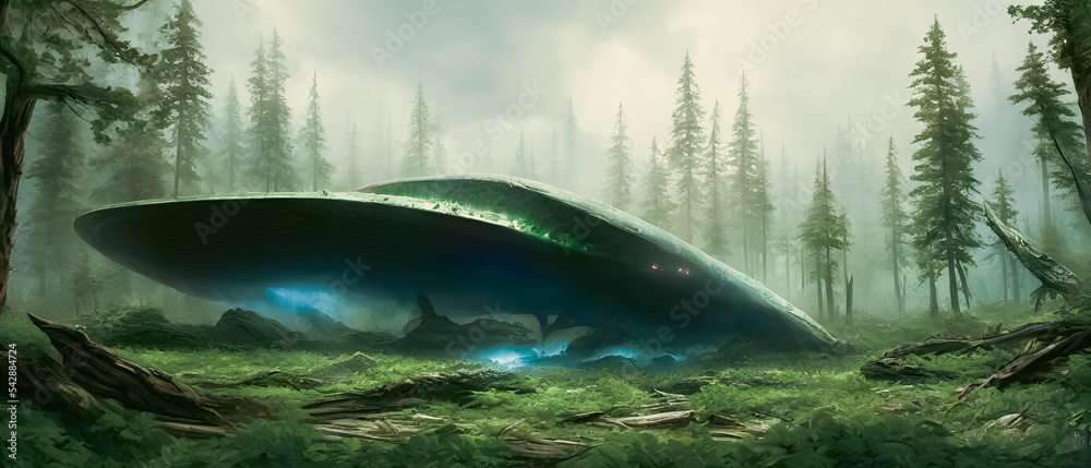 Artistic concept illustration of a crashed caucer, ufo, unknown object ...