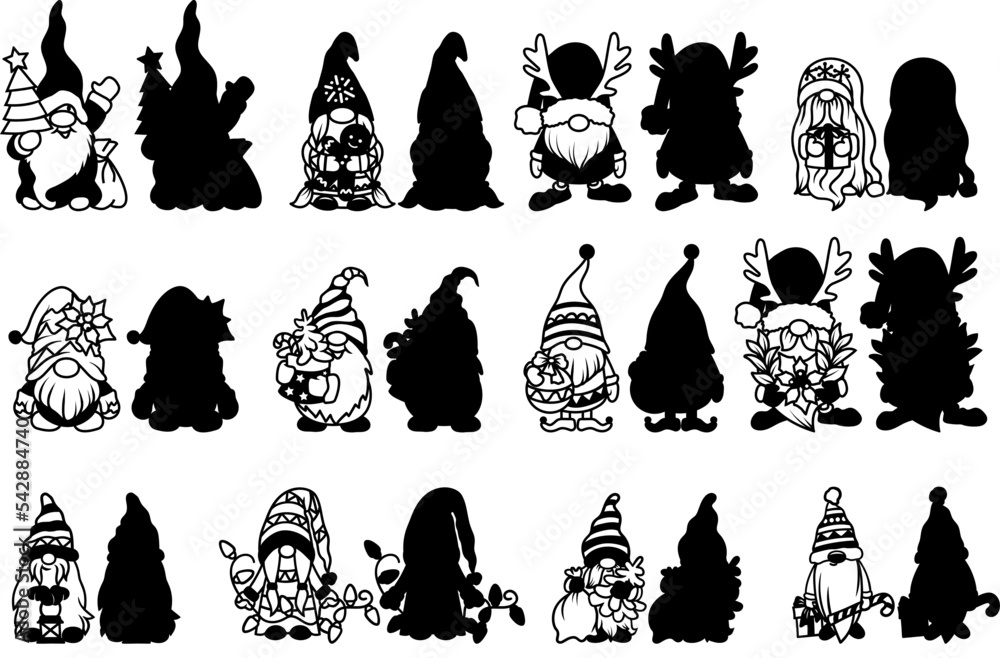 Vector cute hand drawn Christmas gnomes cartoons, black silhouette ...