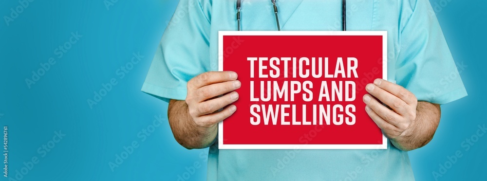 Testicular lumps and swellings. Doctor shows red sign with medical word ...