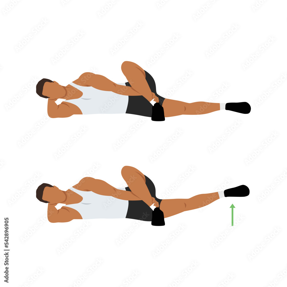 Man doing Lying Crossover Leg Lift Exercise in 2 steps. Illustration ...