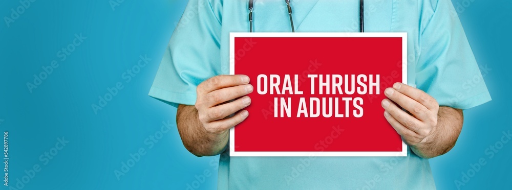Oral thrush in adults (oral candidosis). Doctor shows red sign with ...