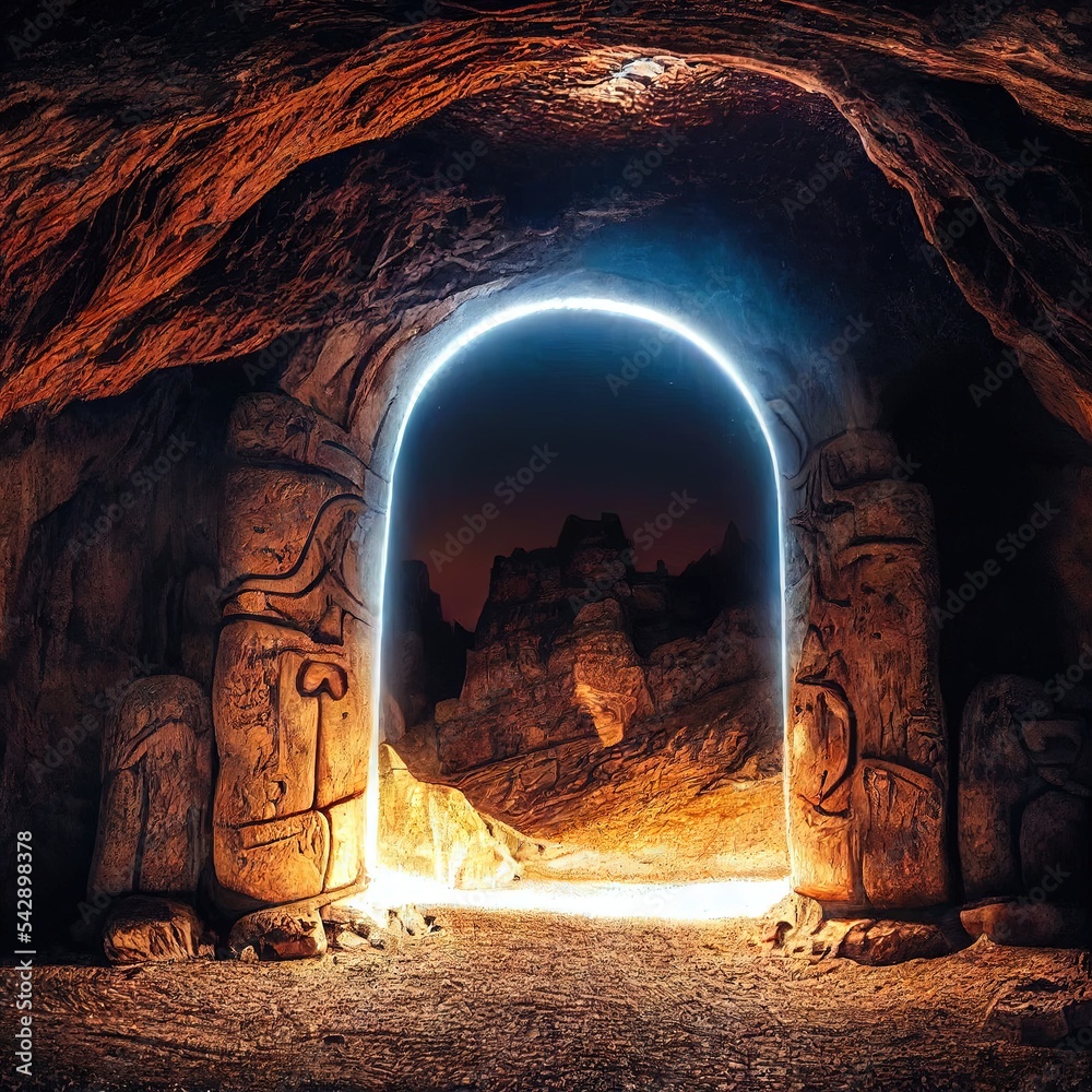 Fantasy portal stone arch in mountain hot cave due to magma and ...