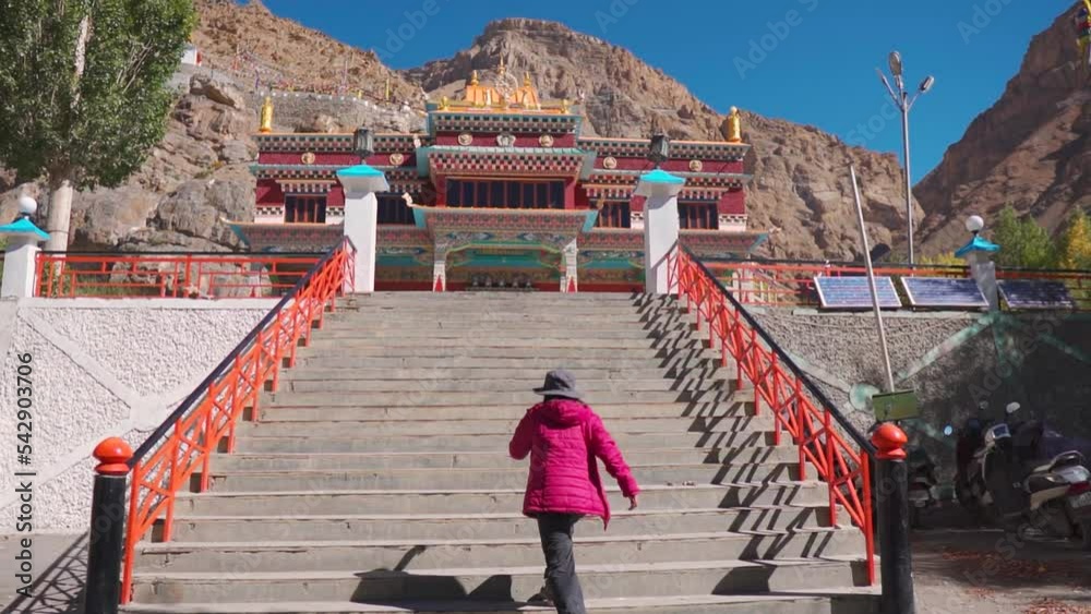 Wide angle shot of young Indian girl tourist climbing stairs of Sakaya ...