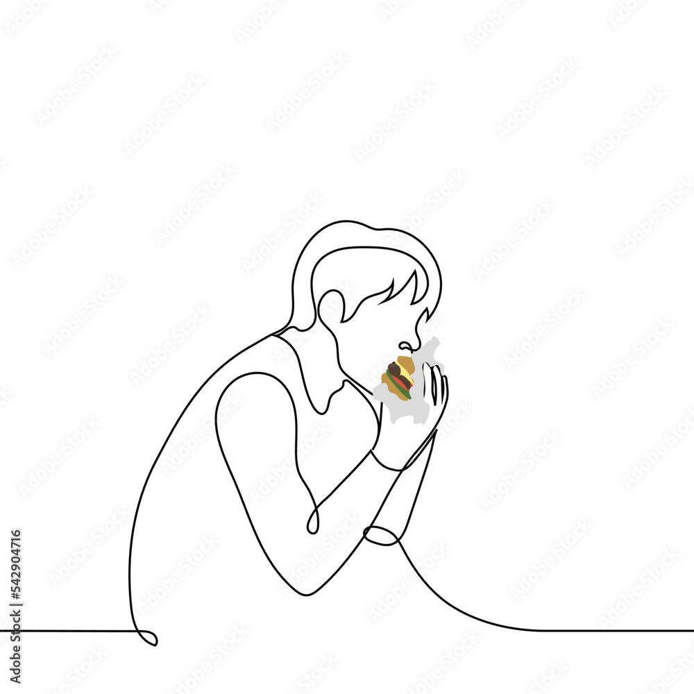man eating burger in wrapping paper - one line drawing vector. concept ...