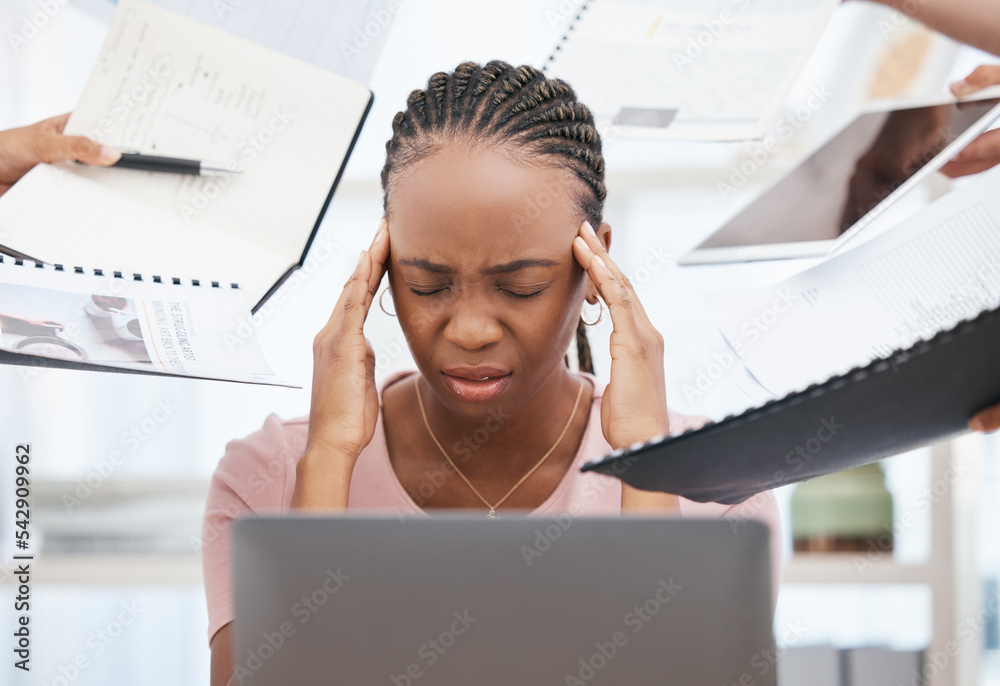 Stress, burnout and overworked employee with documents give her ...