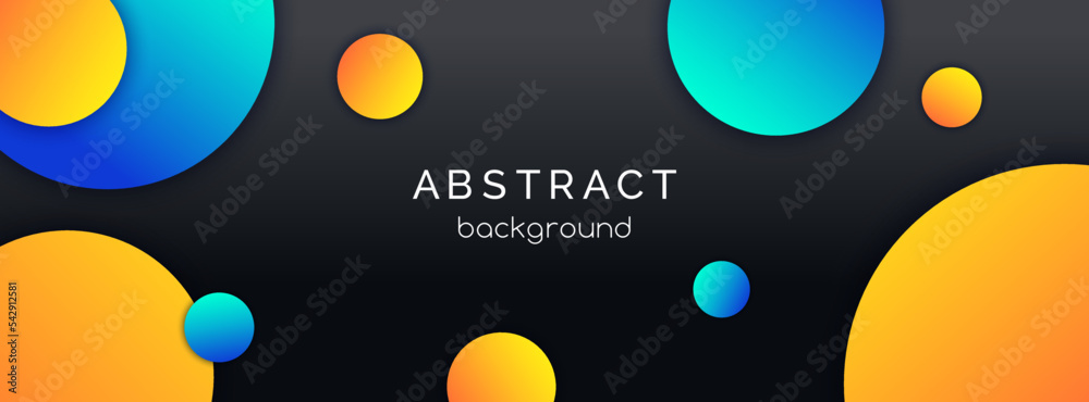 Abstract long vector banner with colorful gradient circles. Dark ...