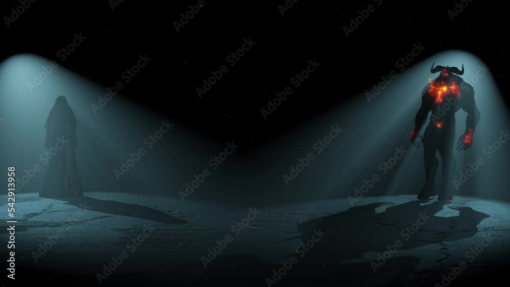 A nun-like figure and a demon figure standing idle in a dark room, in ...