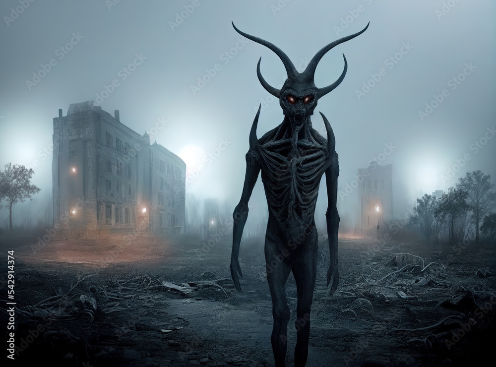 A scary horned demon is looking for a victim in the evening on the ...