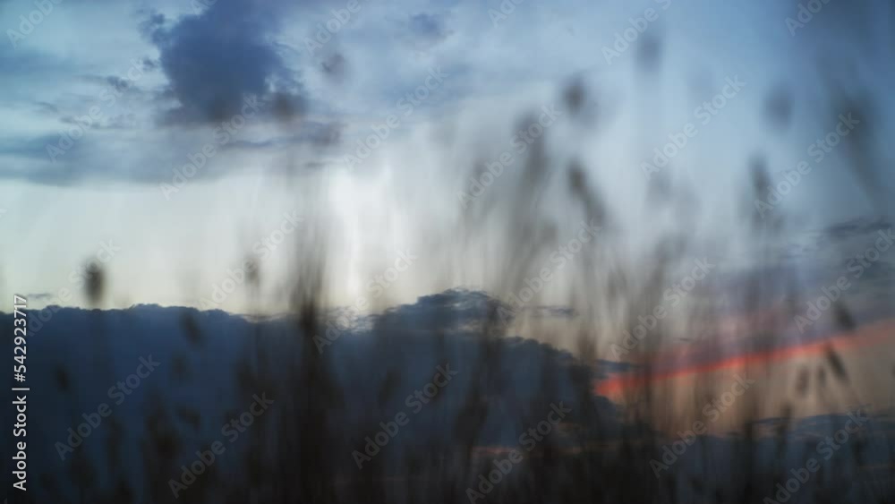 Sunset behind dark clouds with dried grass weeds in the foreground ...