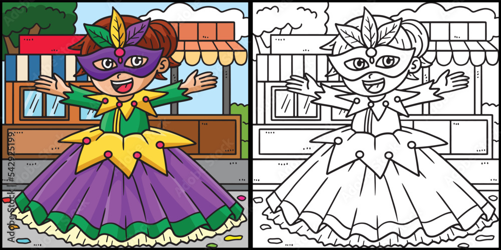 Mardi Gras Jester Girl Coloring Page Illustration Stock Vector | Adobe ...