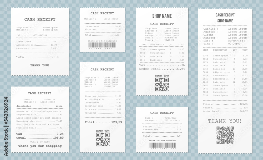 Realistic receipt. Restaurant bill, shop and supermarket paper receipts ...