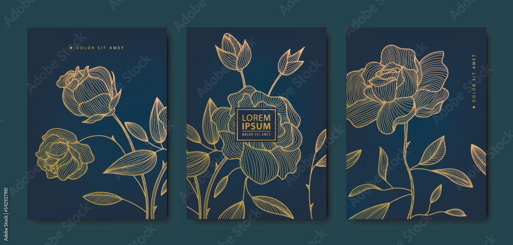 Vector japanese roses, flowers with leaves patterns. Floral golden ...