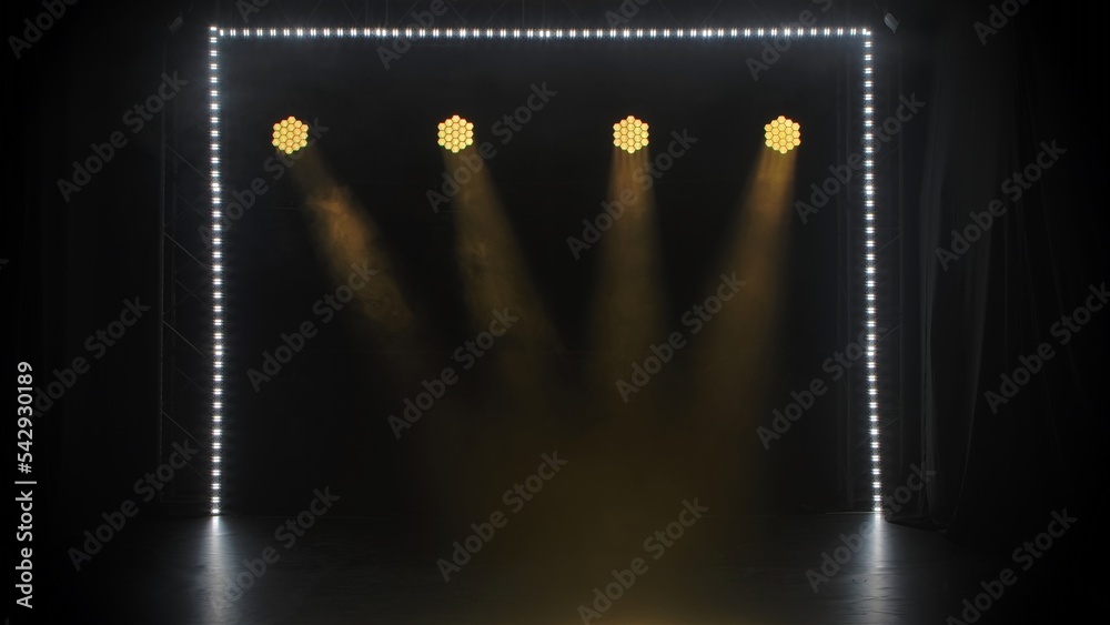 Stage light rays and smoke on empty dark concert scene. Professional ...