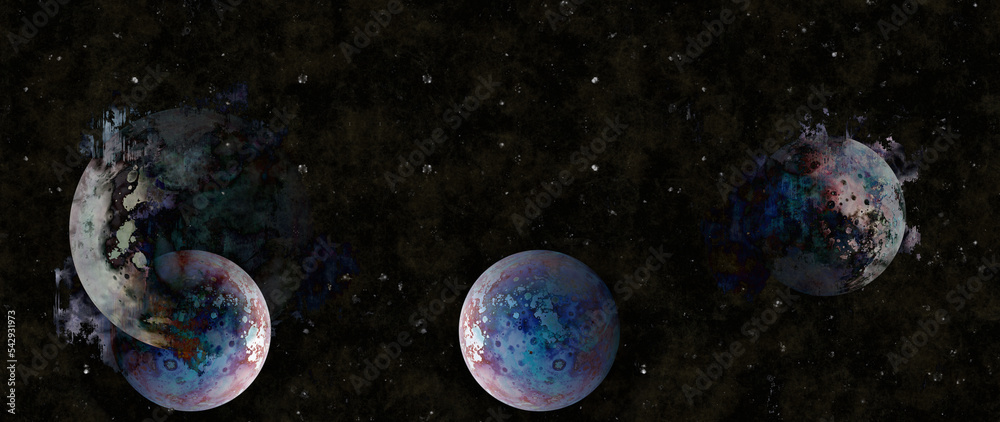 Splashed destroyed vibration Planets in dark Cosmos Universe with stars ...