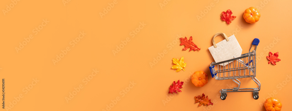 Autumn shopping design concept background with shopping cart, maple ...