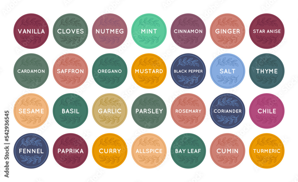 Vector spices names stickers set. Round food preparation ingredients ...