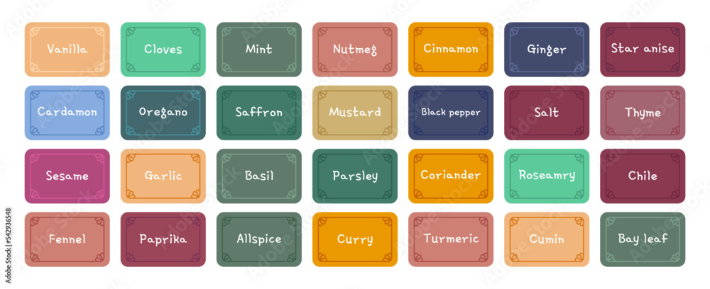 Vector spices names stickers set. Rectangle with round corners food ...