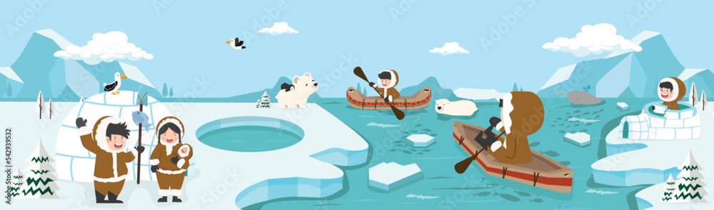 north pole arctic with Eskimo family landscape background Stock Vector ...