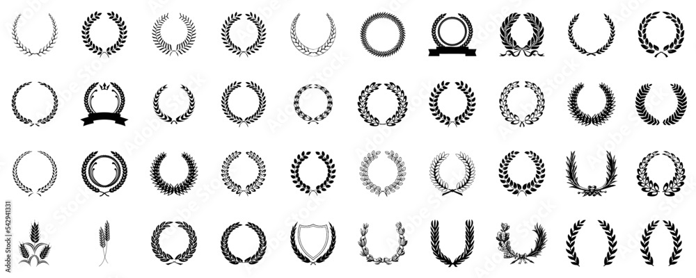 Laurel wreath.Silhouette laurel wreath. Set of black circular foliate ...