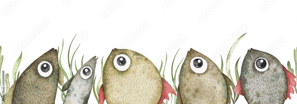 Watercolor seamless border with cute cartoon fish and seaweeds ...