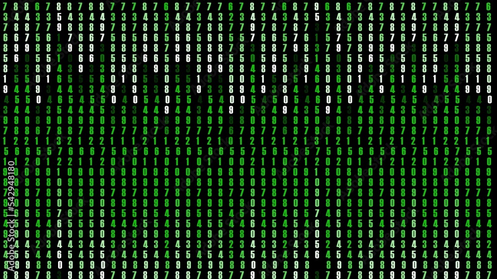 Vertical digital code in the matrix style. White and green numbers on ...