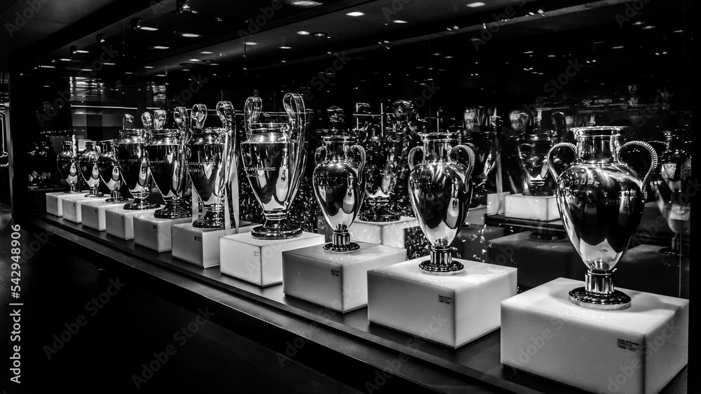 Grayscale shot of UEFA Champions League Trophies in the home stadium of ...