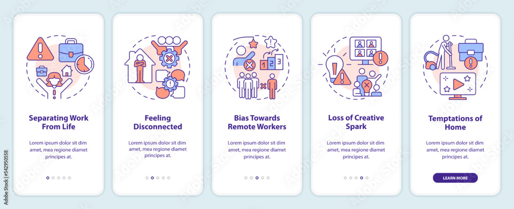 Drawbacks of work from home onboarding mobile app screen. Remote job ...