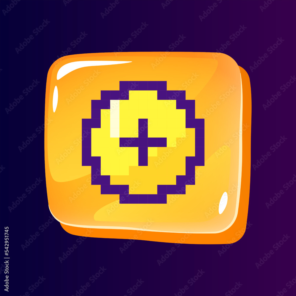 Plus sign glossy ui button with pixelated color icon. Calculator control option. Mathematics ...