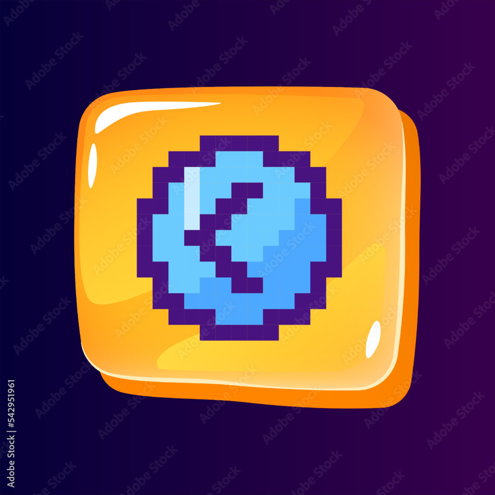 Left side pointer glossy ui button with pixelated color icon. Arrow sign. Choosing direction ...