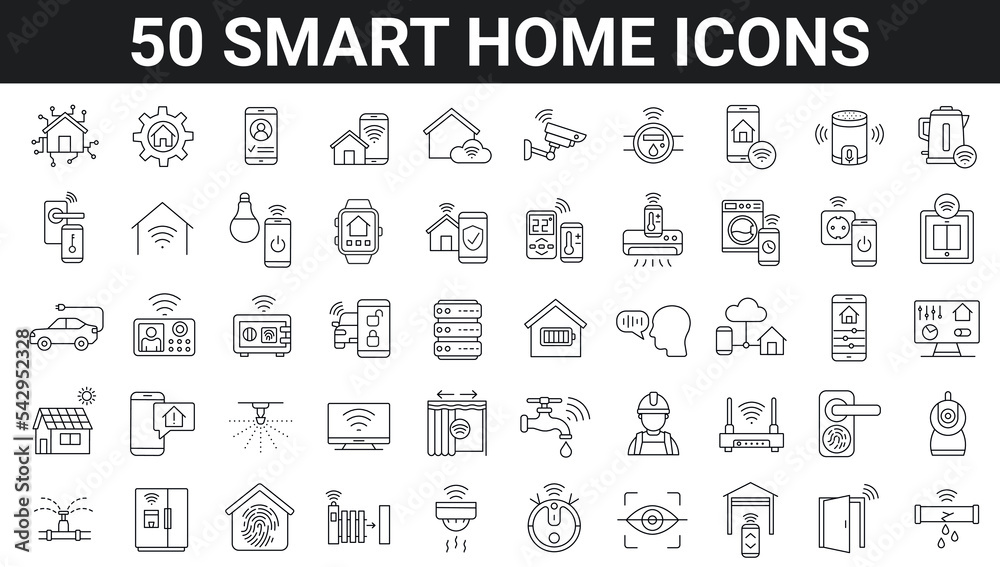 Set of 50 smart home outline icons. Remote control, domestic life ...