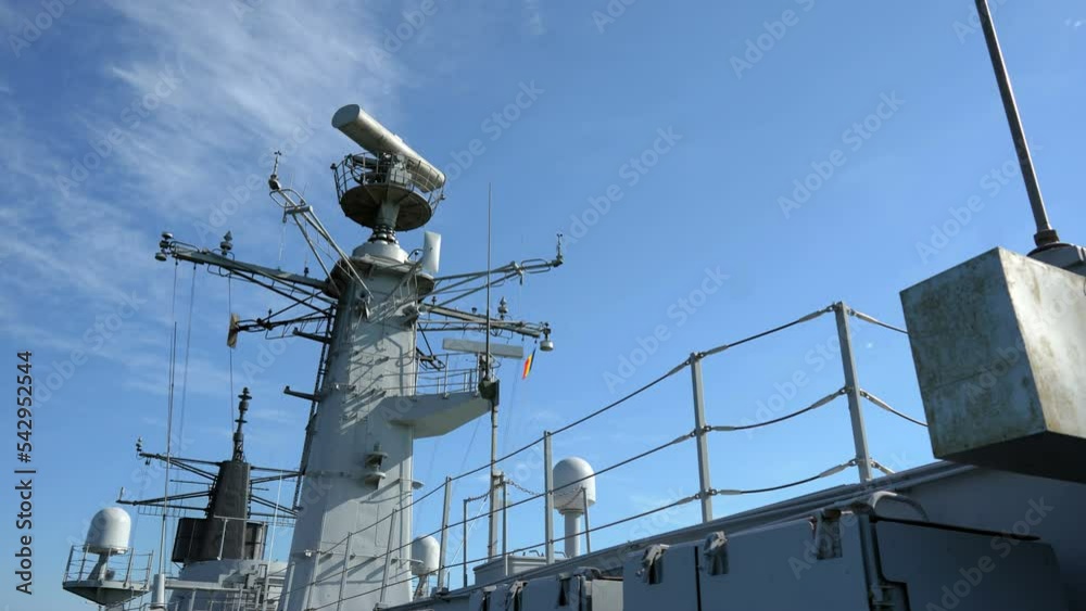 Image of a military radar air surveillance on navy ship tower. Stock ...