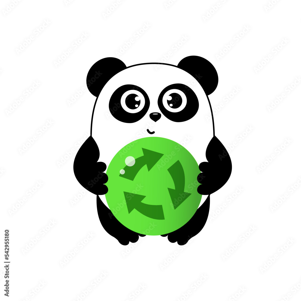 Cute cartoon panda with eco banner and recykling sign. Funny character ...