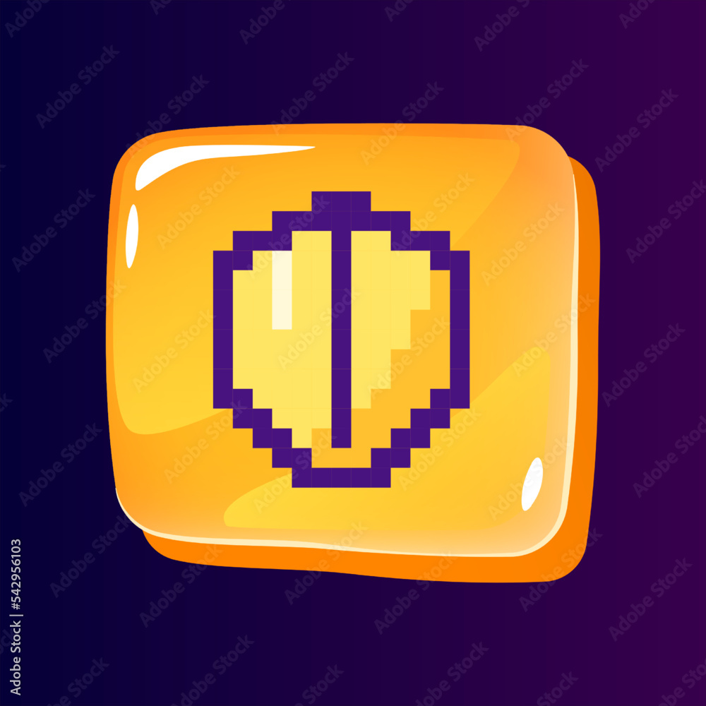 Shield glossy ui button with pixelated color icon. Cyber security ...