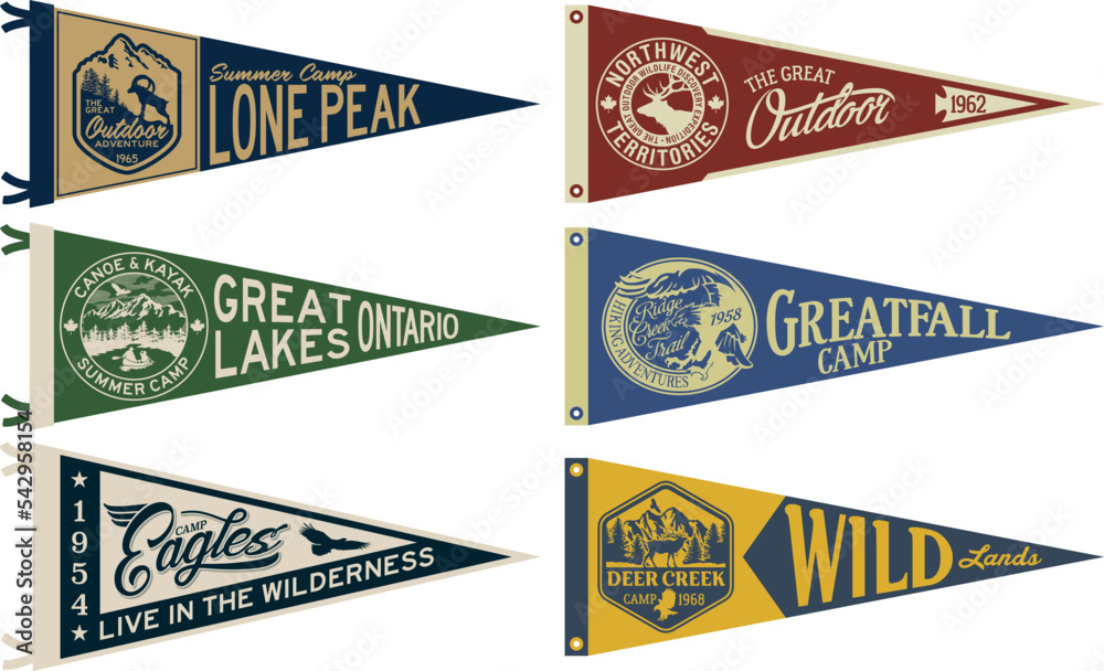 Poster Print Vintage mountain camping pennant flags vector collection 40x24.3 cm