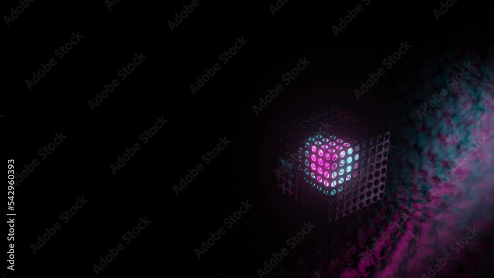 dark animated screensaver background. rotating cube with luminous holes ...